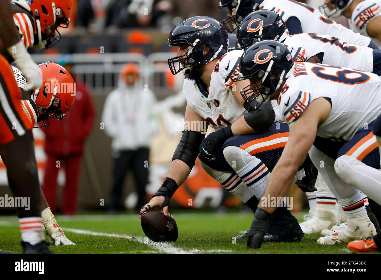 Chicago Bears offensive lineman Lucas Patrick (62) lines up for a play during an NFL football ...