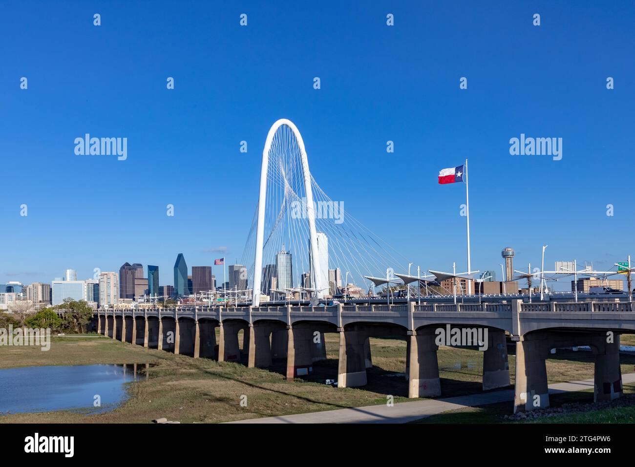 scenic skyline Panorama of Downtown Dallas seen from Trinity River with ...