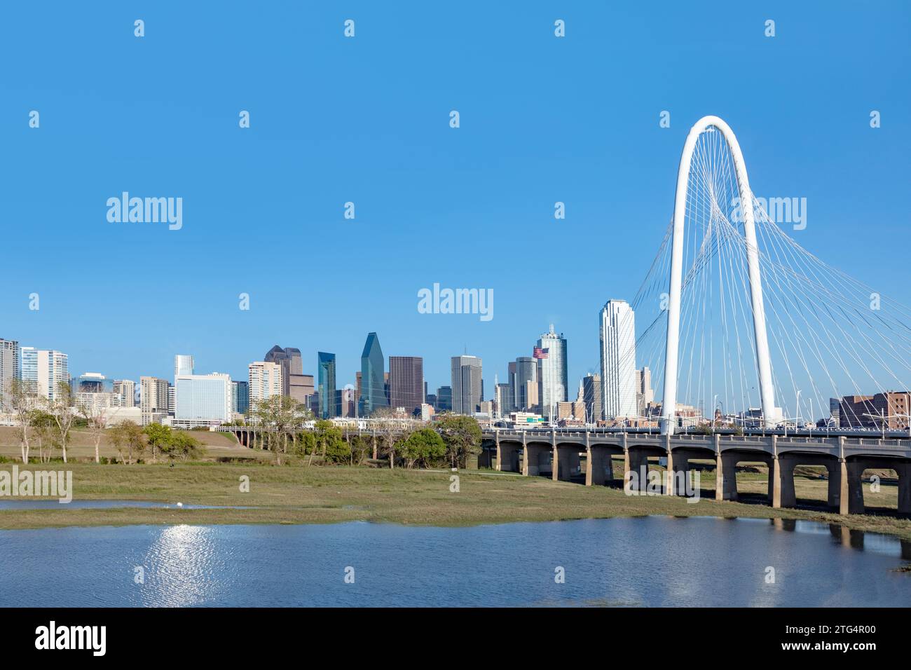 scenic skyline Panorama of Downtown Dallas seen from Trinity River with ...