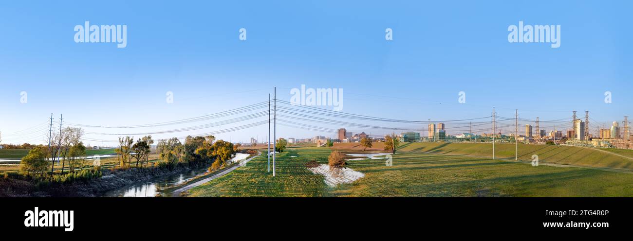 scenic skyline in late afternoon at trinity river with view to downtown ...
