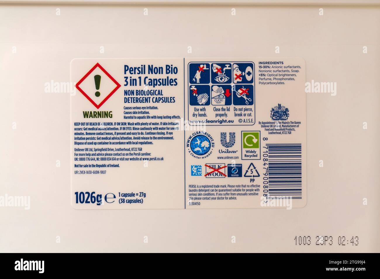 information on tub of Persil Non Bio 3 in 1 Capsules non biological ...