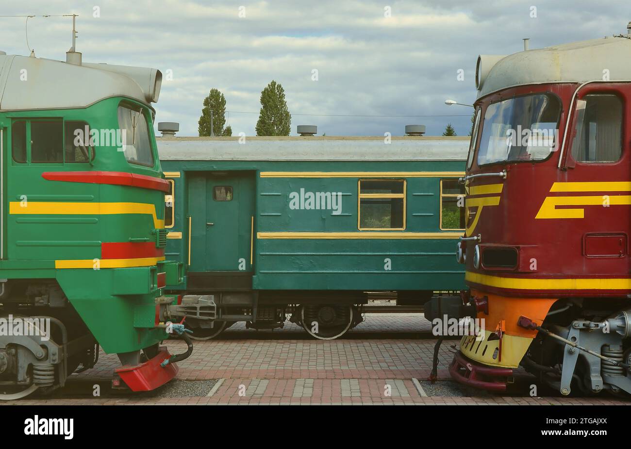 Cabs of modern Russian electric trains. Side view of the heads of ...