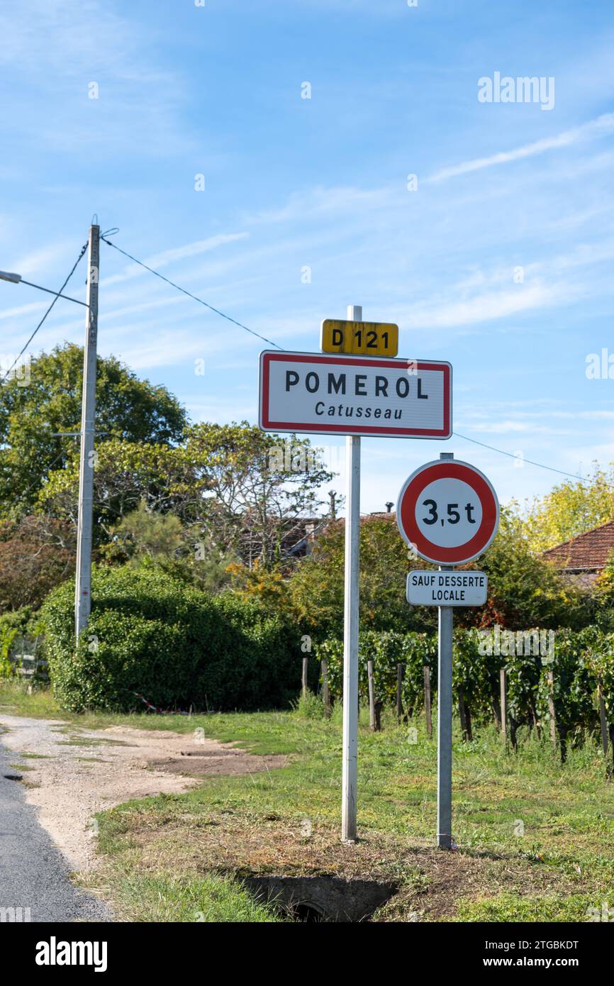 City road sign in Pomerol village, production of red Bordeaux wine ...