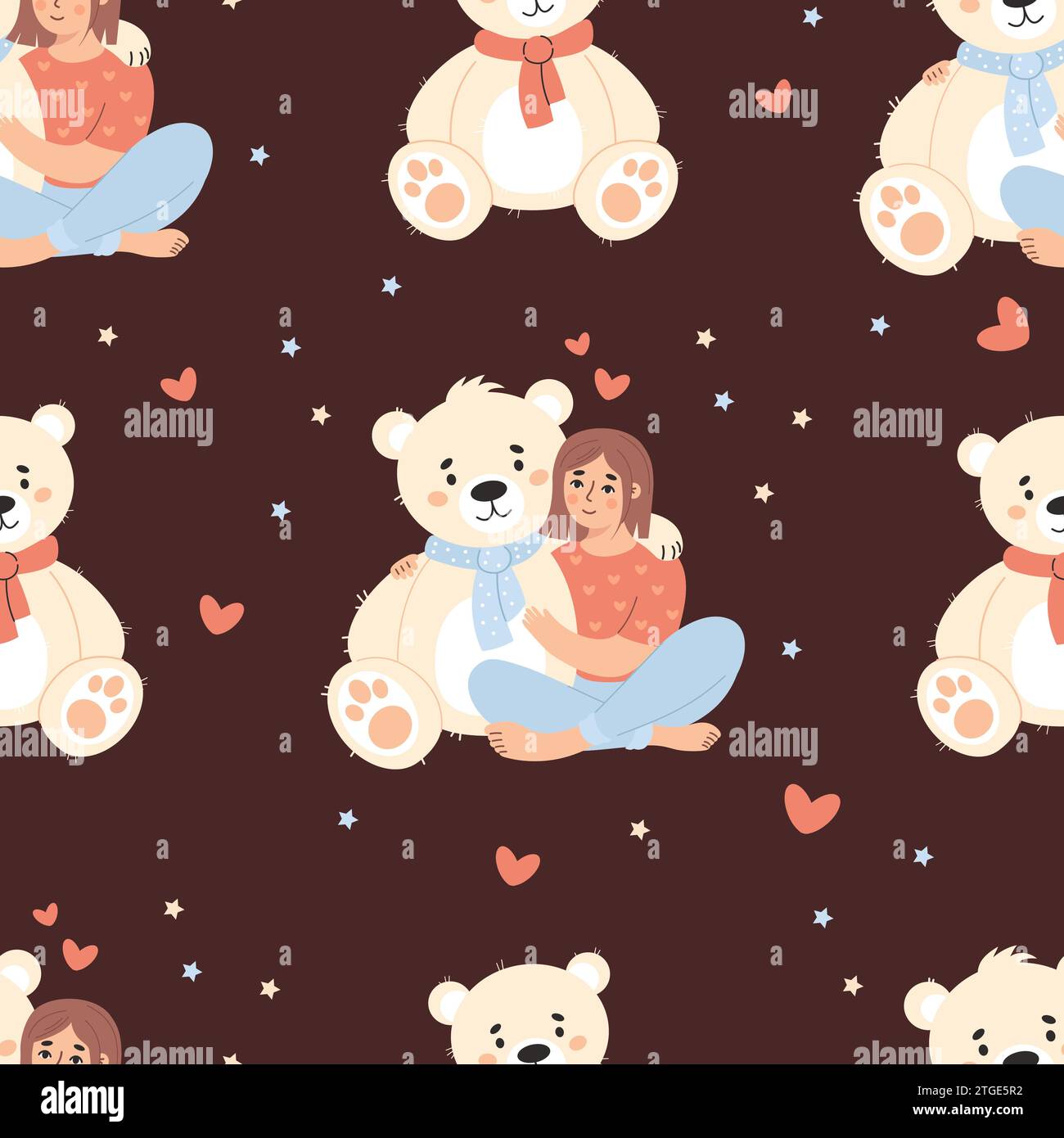 Seamless pattern with happy romantic enamored woman hugging white teddy bear toy. Vector ...