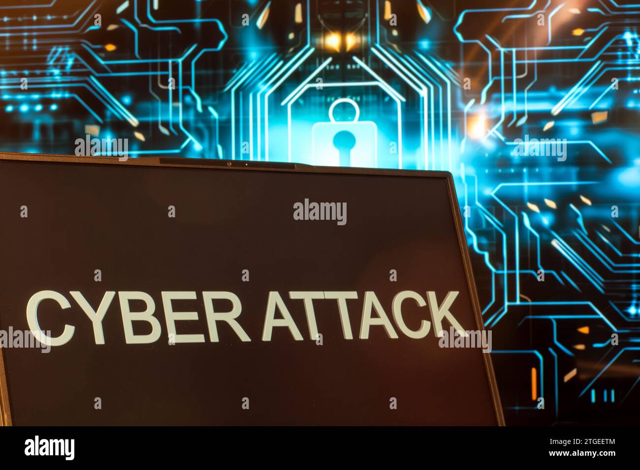 Cyber attack symbol: Laptop in front of a virtual computer background ...