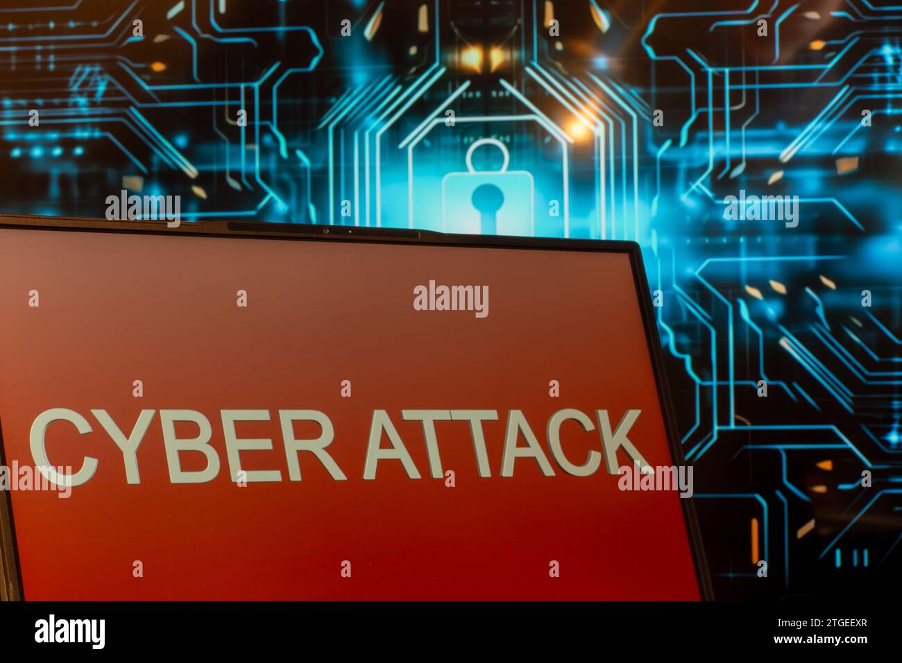 Cyber attack symbol: Laptop in front of a virtual computer background ...