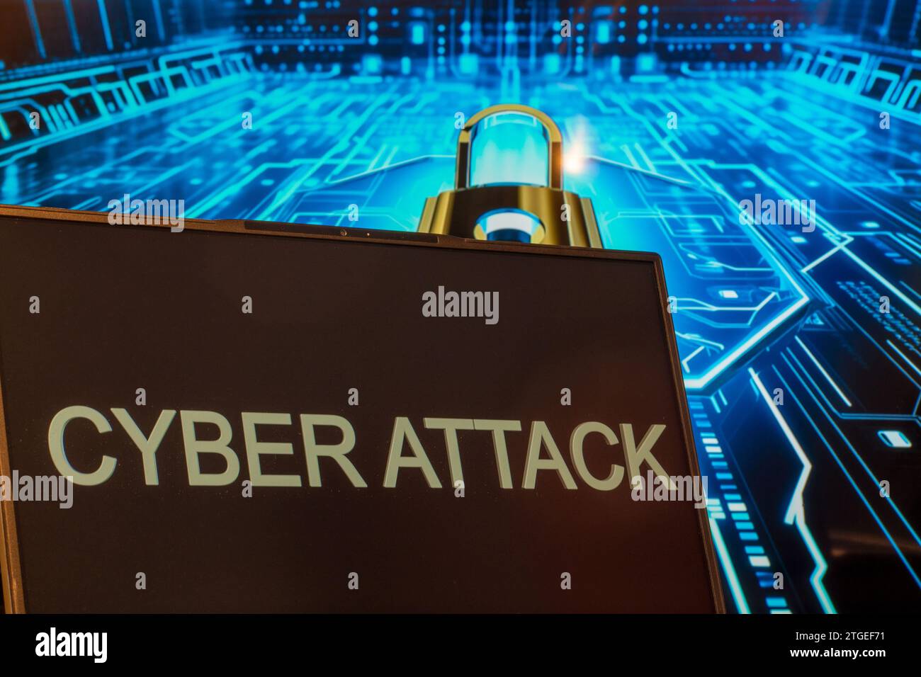 Cyber attack symbol: Laptop in front of a virtual computer background ...