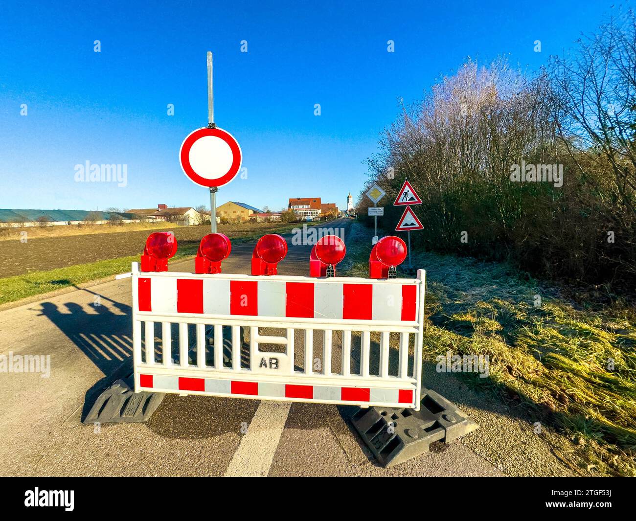 Bavaria, Germany - December 18, 2023: Road closure due to a ...
