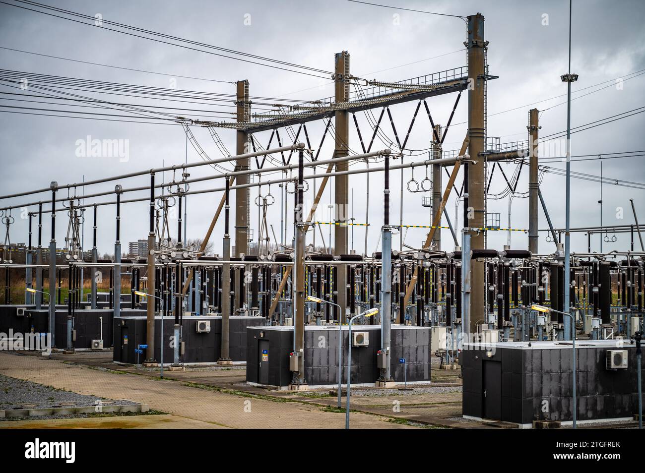 THE HAGUE - Electricity pylons at a Tennet high-voltage substation. The ...