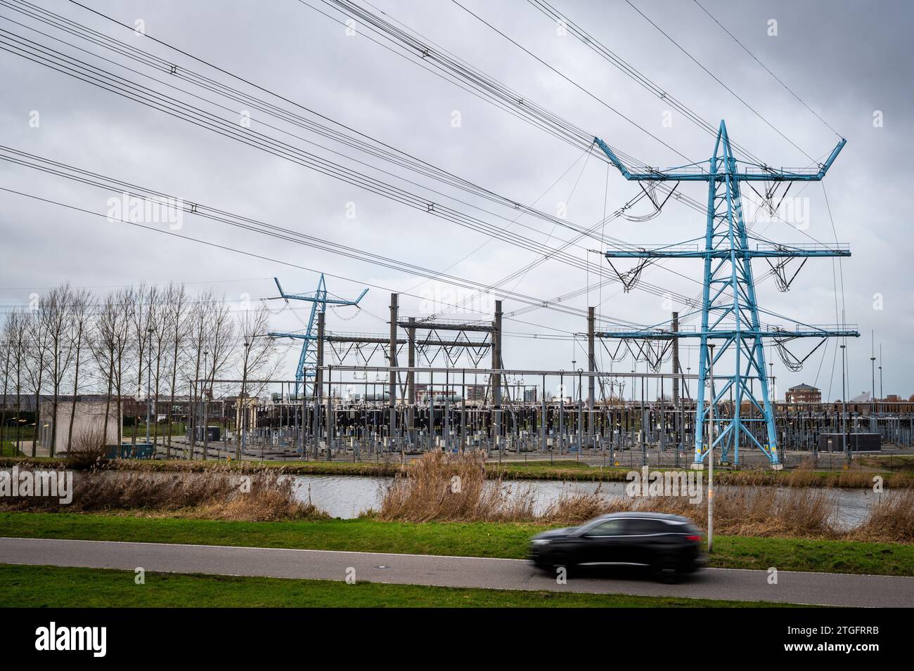 THE HAGUE - Electricity pylons at a Tennet high-voltage substation. The ...