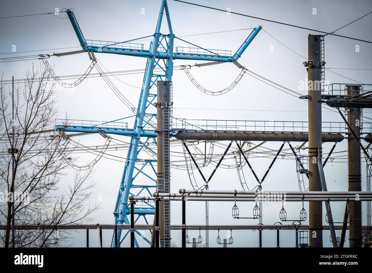 THE HAGUE - Electricity pylons at a Tennet high-voltage substation. The ...