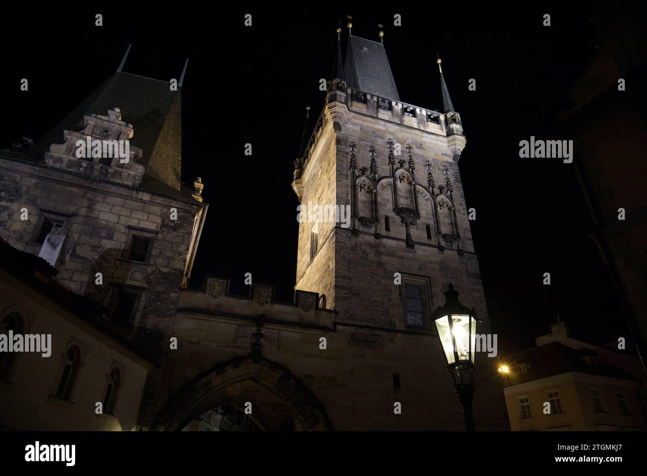 Night view of the Lower Bridge Tower, Lesser Town, Prague Stock Photo ...