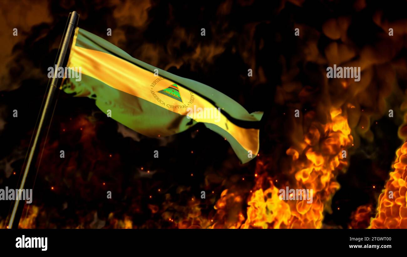 flag of Nicaragua on burning fire background - hard times concept ...