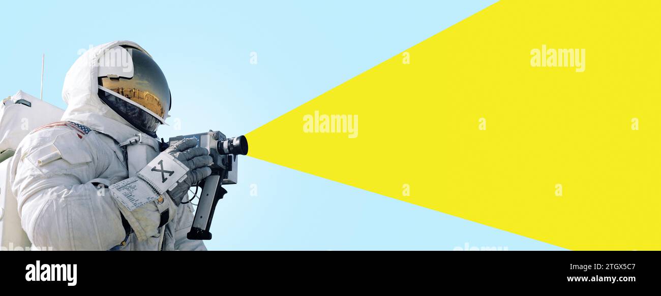 Creative Spaceman Astronaut Photographer In A White Space Suit With A ...