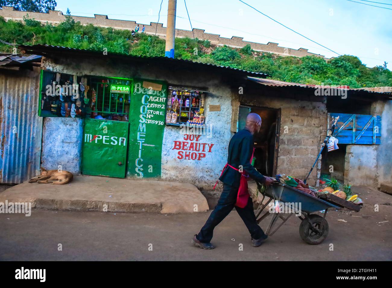 A man walks past the streets selling fruits on his wheelbarrow in ...