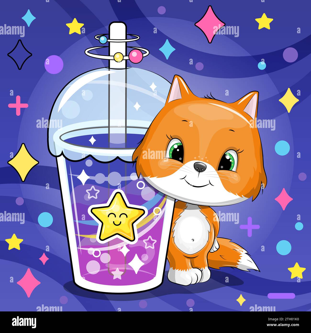 Cute cartoon fox with a big star drink. Vector illustration of an ...