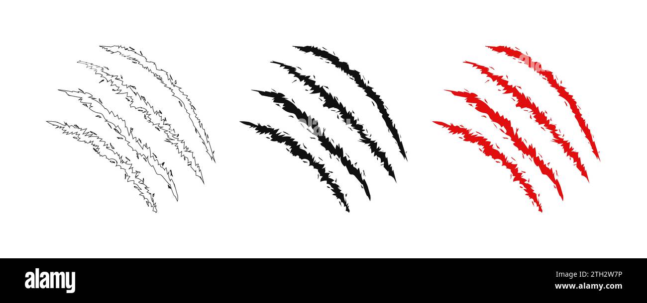Animal claw scratches and marks. Set. Black and red bloody silhouettes ...