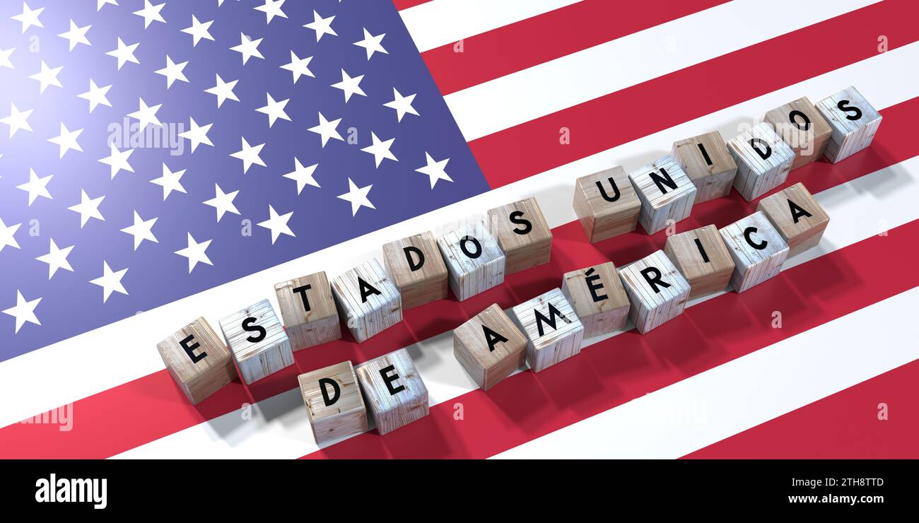 USA in Spanish - wooden cubes and country flag - 3D illustration Stock ...