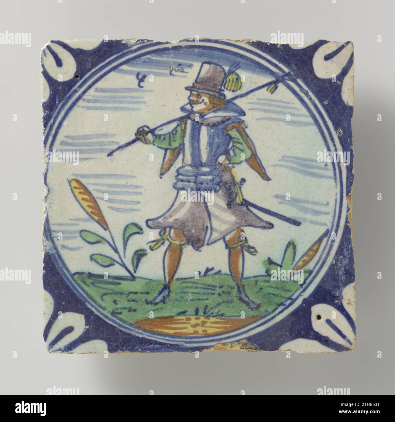 Tile, multi -colored painted with a soldier or a standard bearer, 1625 ...