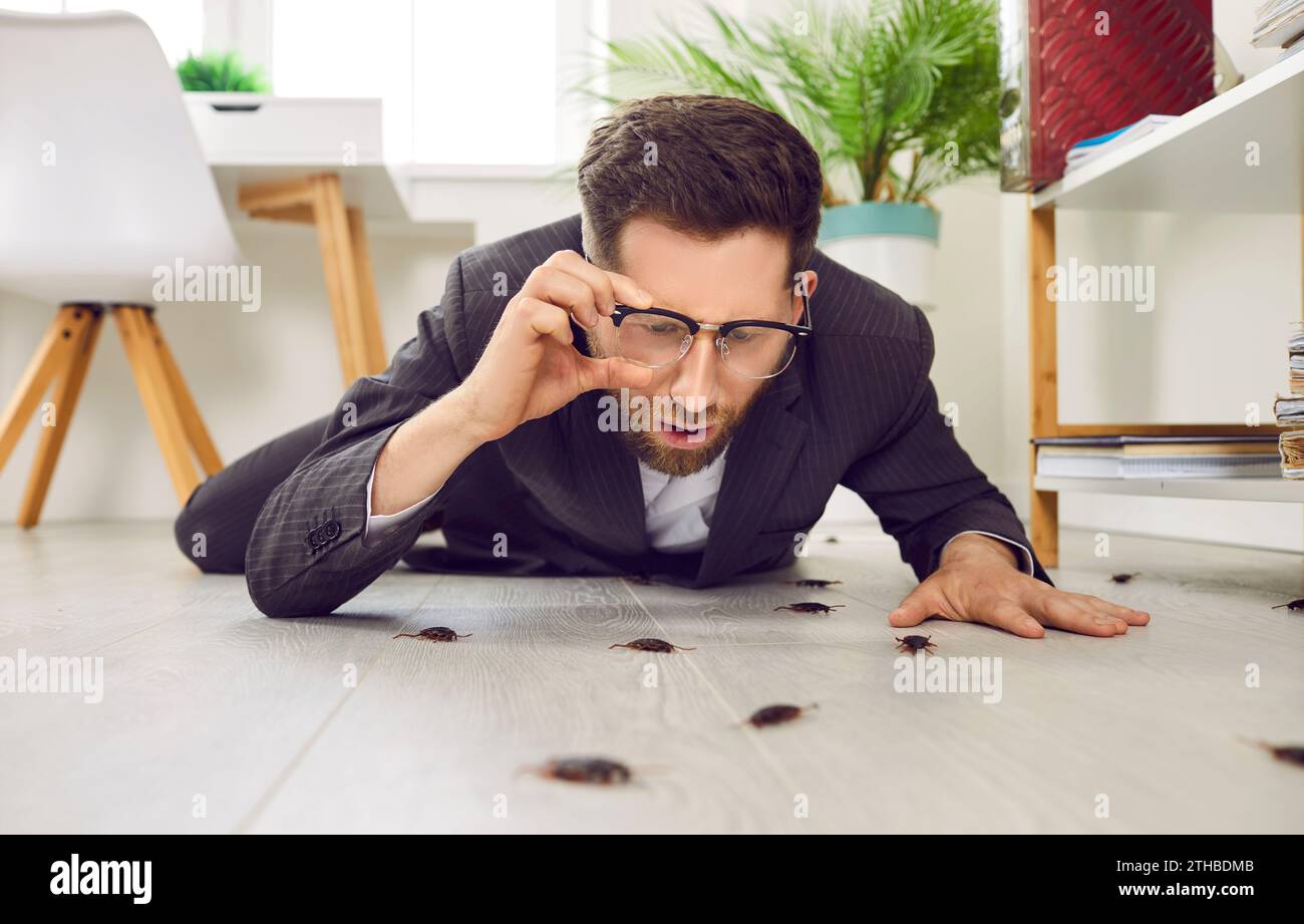 Shocked young man looking at lots of cockroaches crawling everywhere on ...