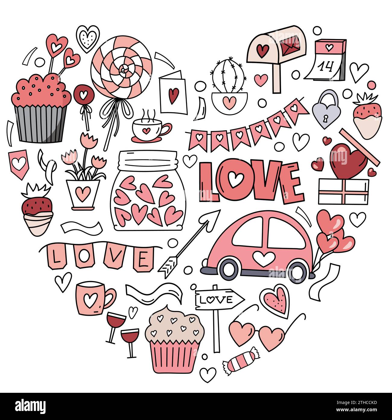 Hand-Drawn And Colored Valentine'S Day Themed Doodle Set, Heart-Shaped ...