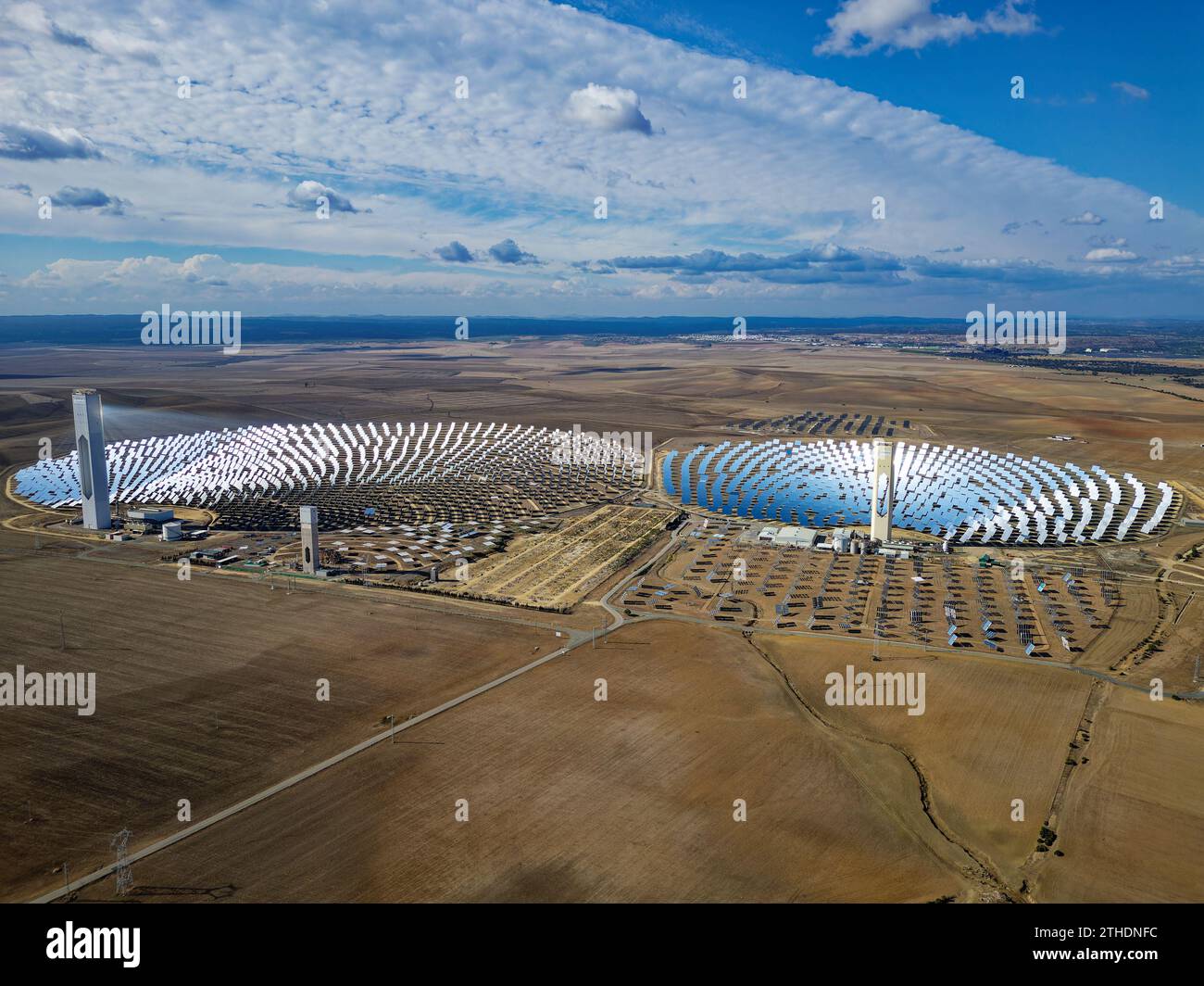 Aerial view of the Solar Power Towers PS10 and PS20 in Sanlúcar la ...
