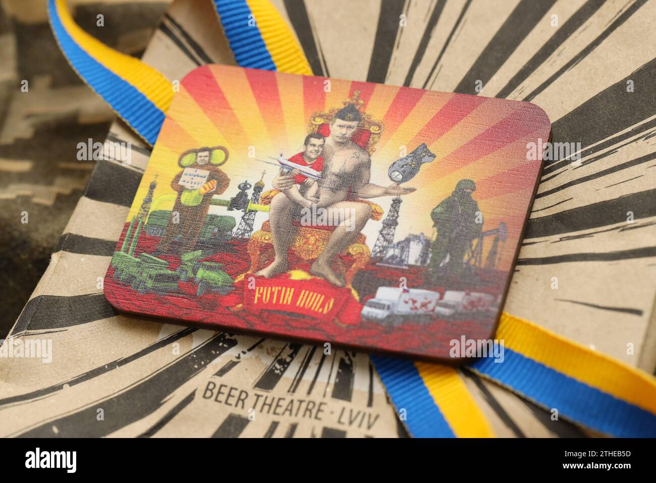 KYIV, UKRAINE - MAY 4, 2022 Putin Huilo souvenir from Pravda beverage ...