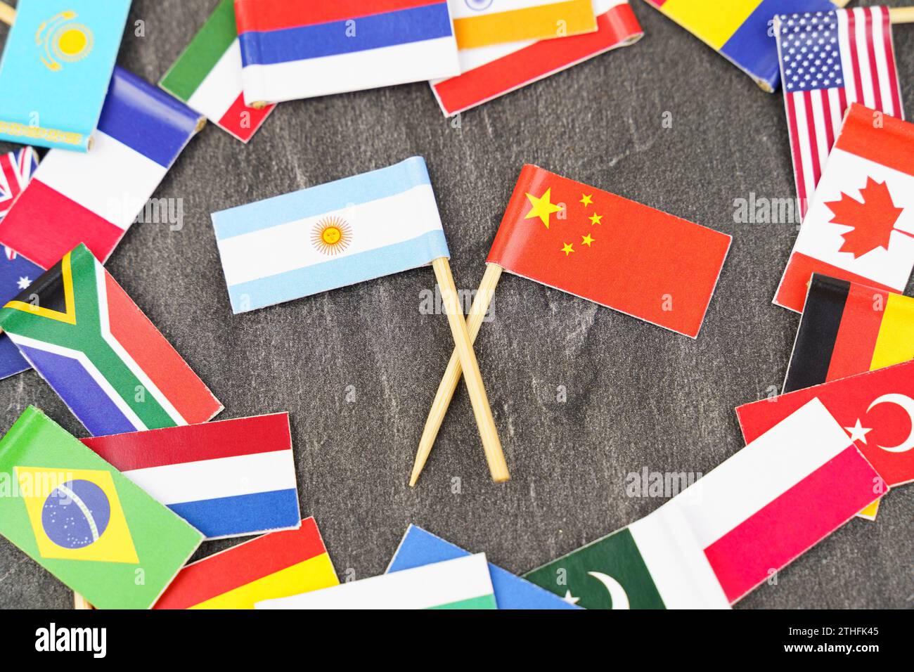 Policy. National flags of different countries. The concept is diplomacy ...
