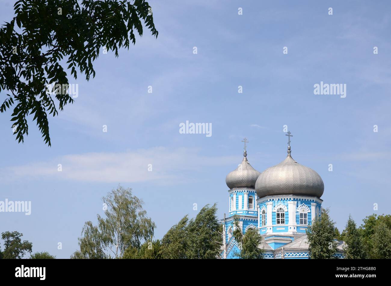 PAVLOHRAD, UKRAINE - AUGUST 13, 2019 Silver domes of Church of the ...