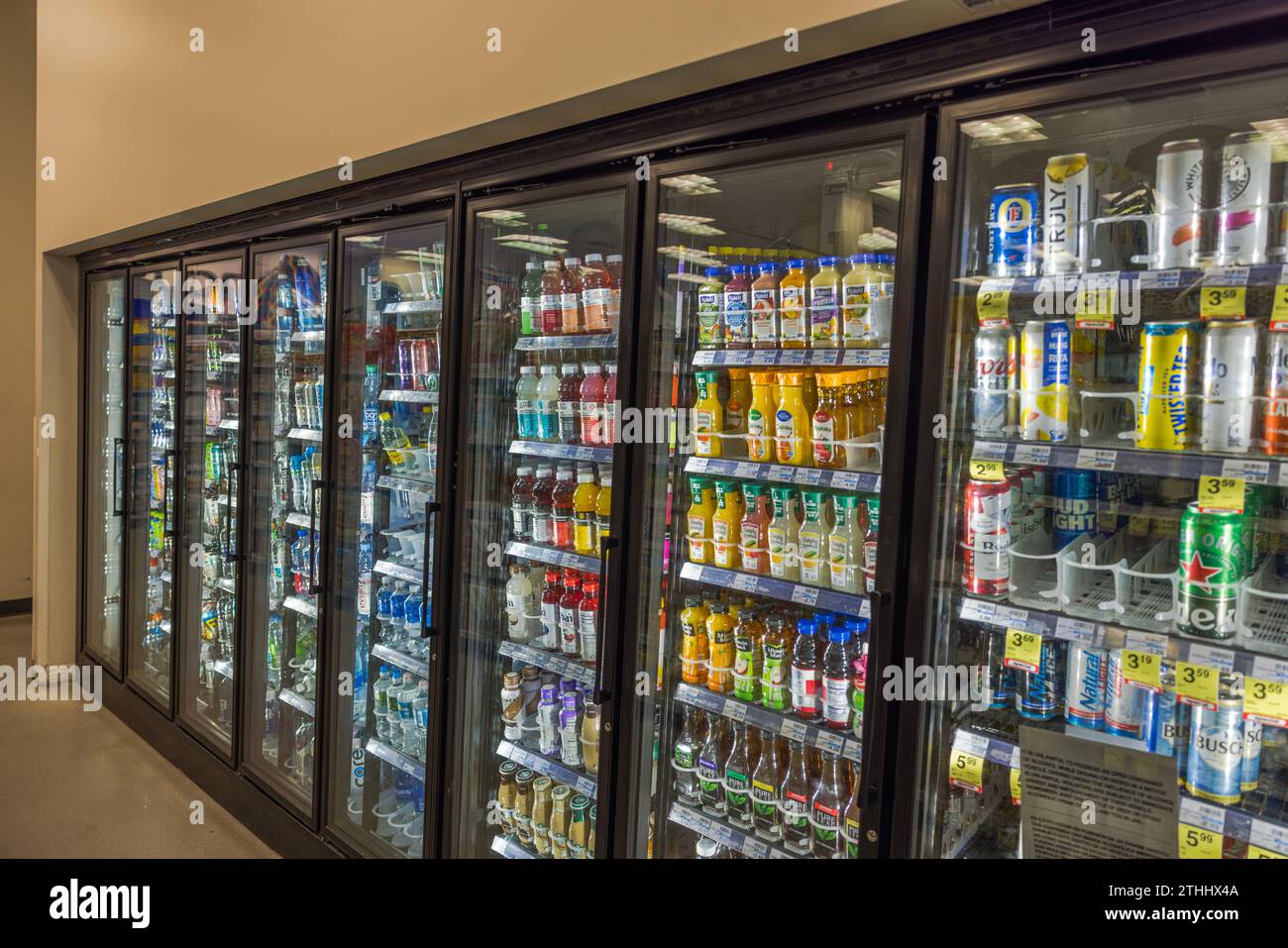 Close-up view of refrigerated beverage shelves in a CVS store. Miami ...