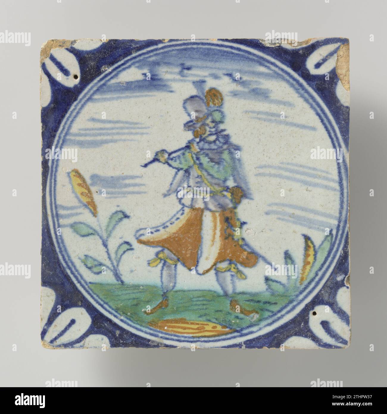 Tile, multi -colored painted with a soldier or a standard bearer, 1625 ...