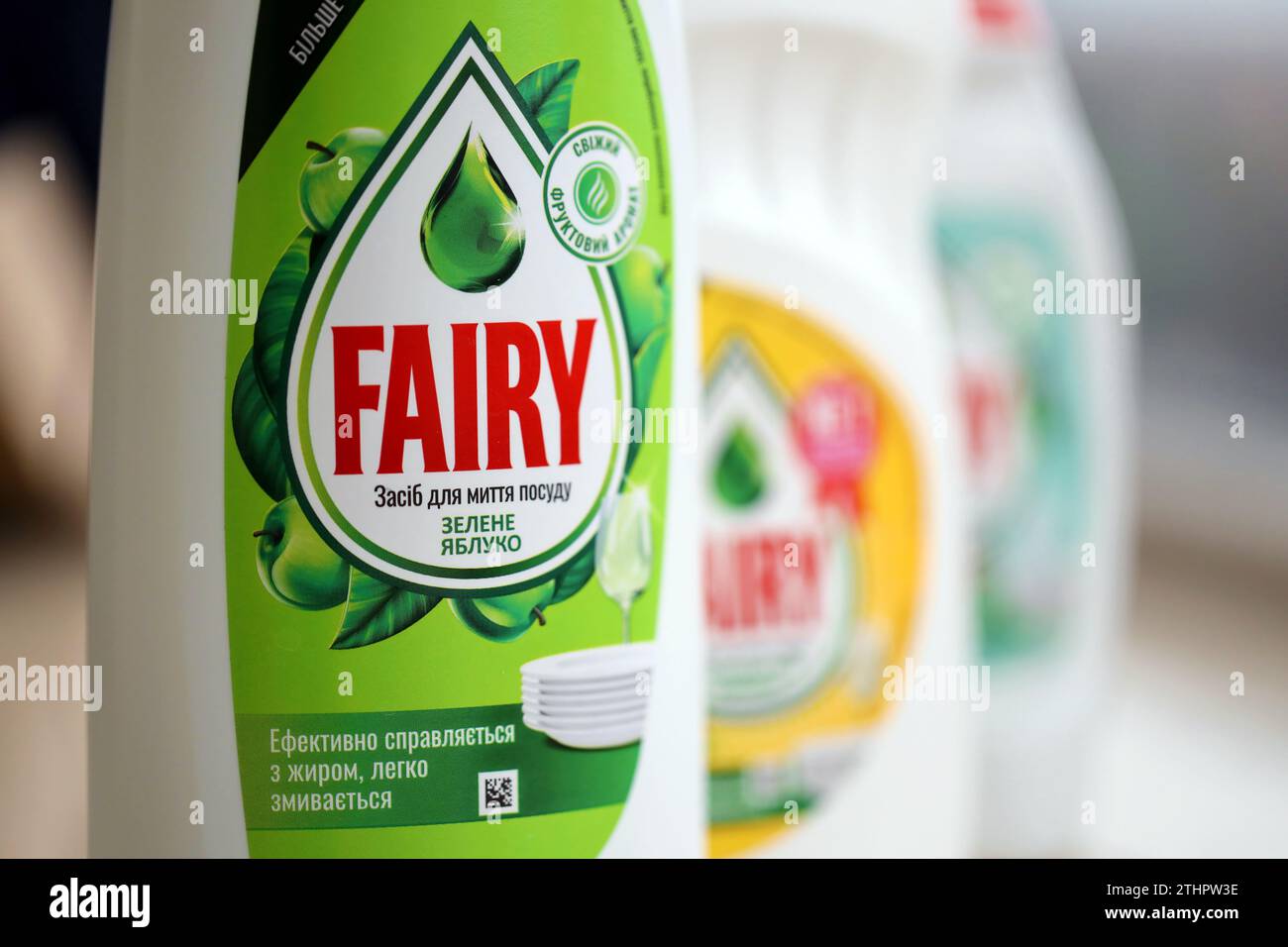 KYIV, UKRAINE - OCTOBER 31, 2023 Plastic bottle of Fairy washing up ...