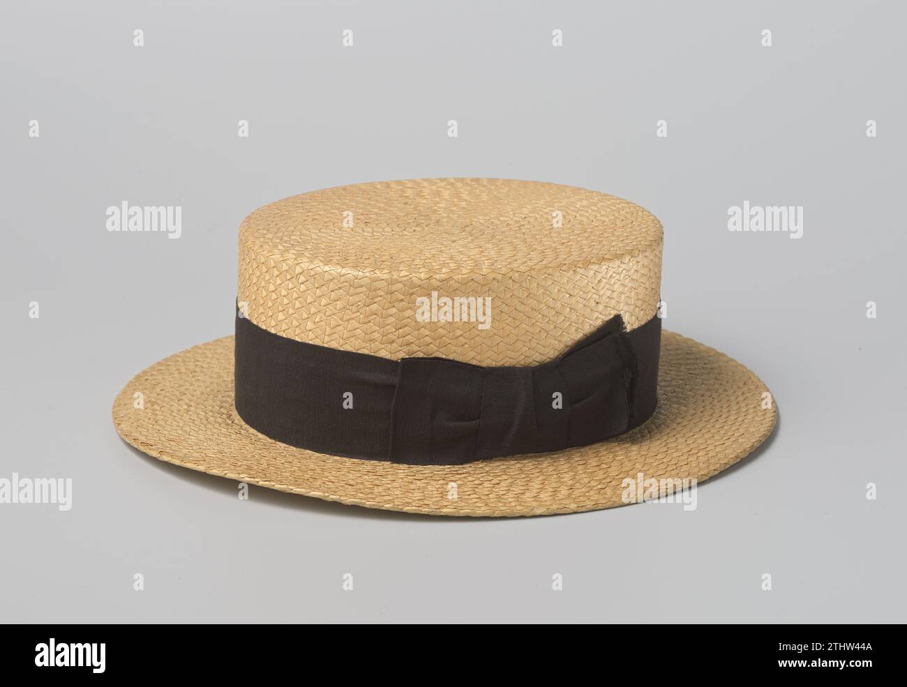 Straw hat, model Boater with black rip ribbon and bow; Address King and ...