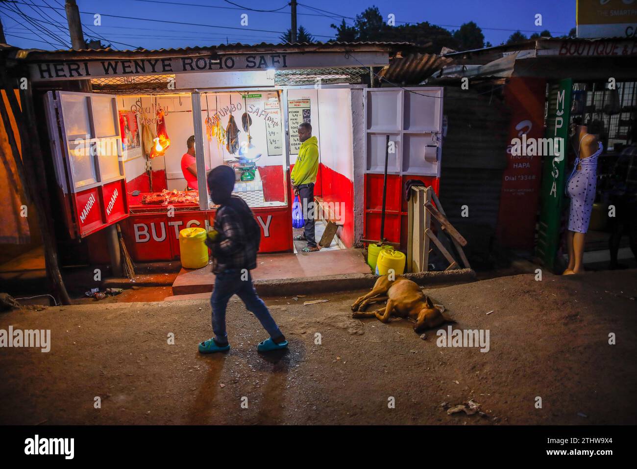 A kid walks past a dog sleeping outside a butchery in Kibera Slum. A ...