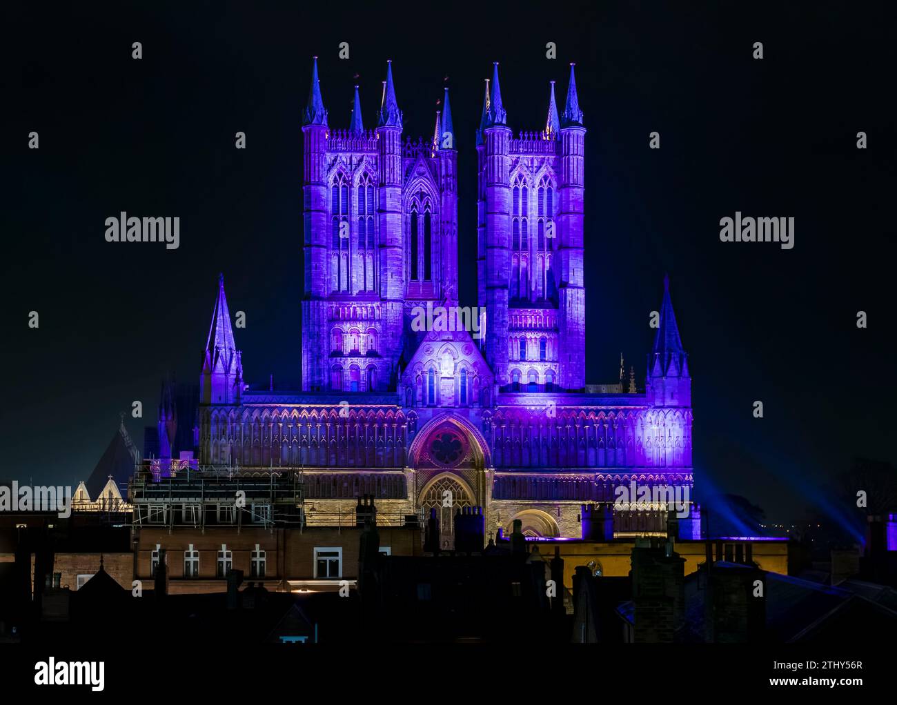 Illuminated cathedral from castle wall walk, Lincoln City, Lincolnshire ...