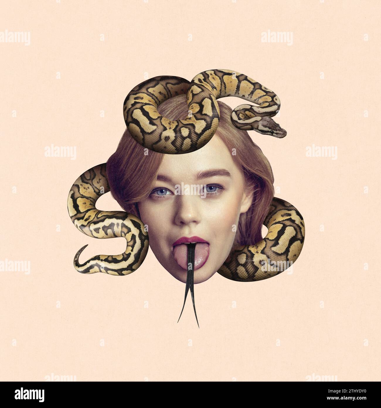 Contemporary art collage. Attractive young lady with wrapped snake over ...