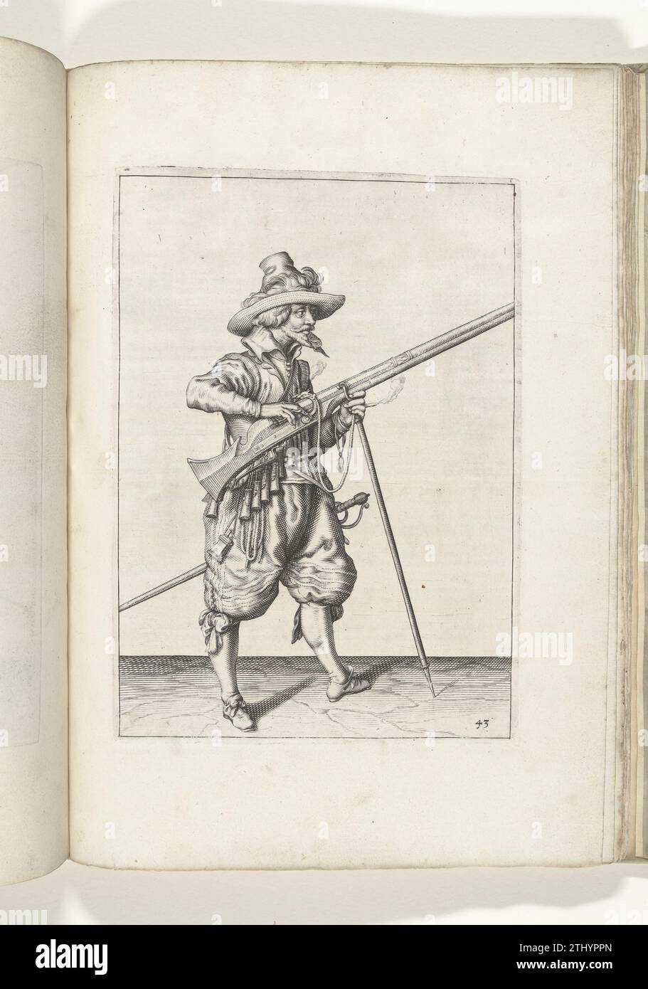 Soldier on guard the pan of his musket with two fingers covered against ...