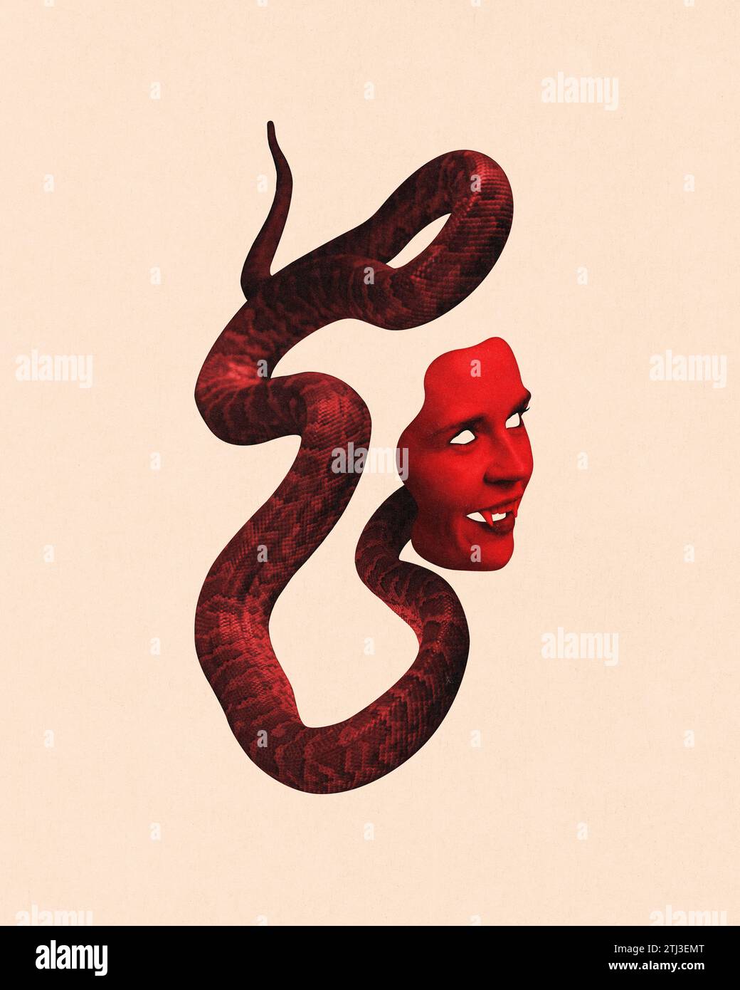 Contemporary art collage. Red snake with a scary mask, girl's face ...