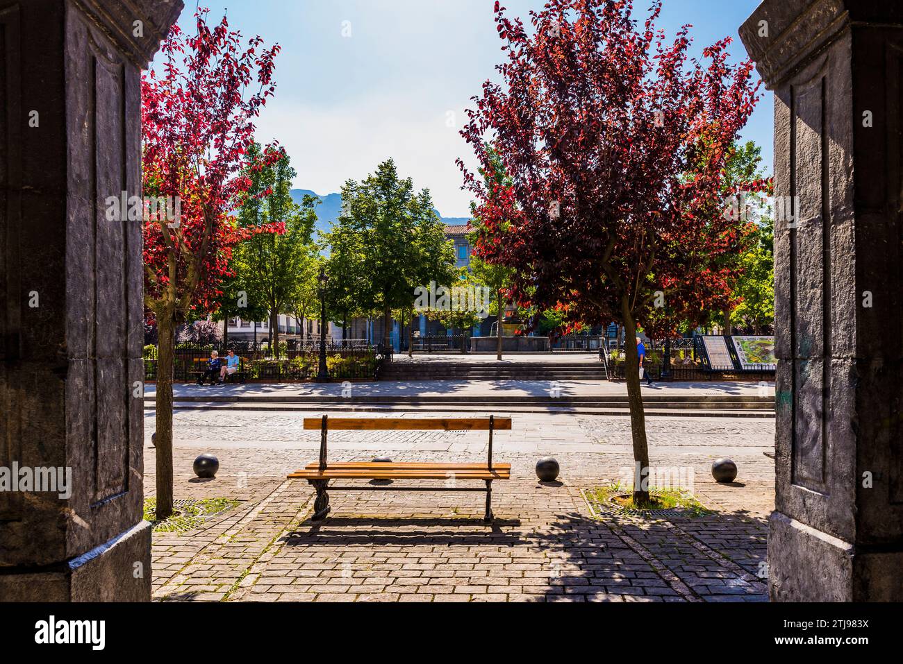 View through the arcades of the Plaza de los Fueros. Orduña, Vizcaya ...