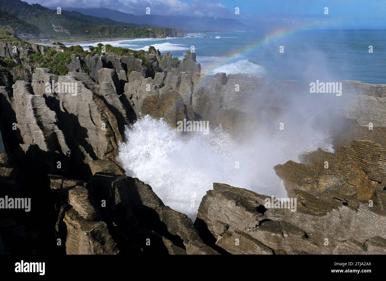 The Pancake Rocks at Dolomite Point near Punakaiki, New Zealand, are a ...