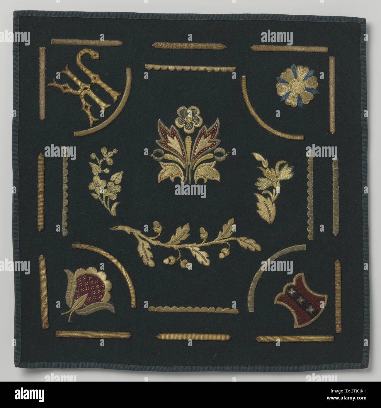 Stitch pap from gold thread border on dark blue -green sheet ...