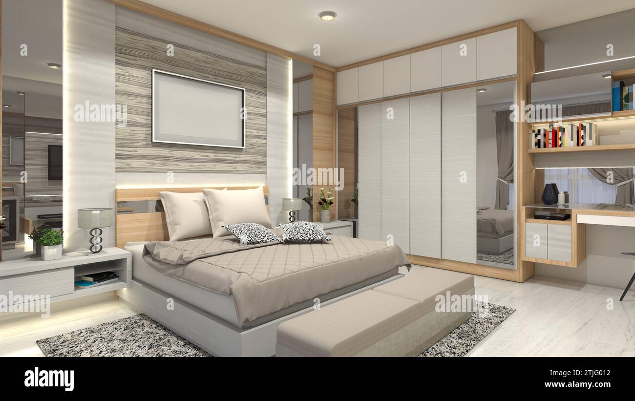 Modern Master Bedroom Desing with Headboard Panel and Wardrobe Cabinet ...