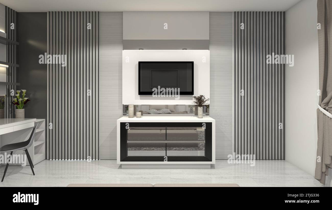 Minimalist White TV Table Cabinet with Grey Wall Panel Decoration Stock ...