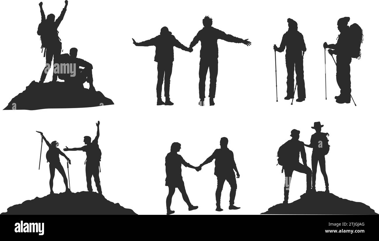 Couple hiker in mountain silhouettes, Couple hiking silhouette ...