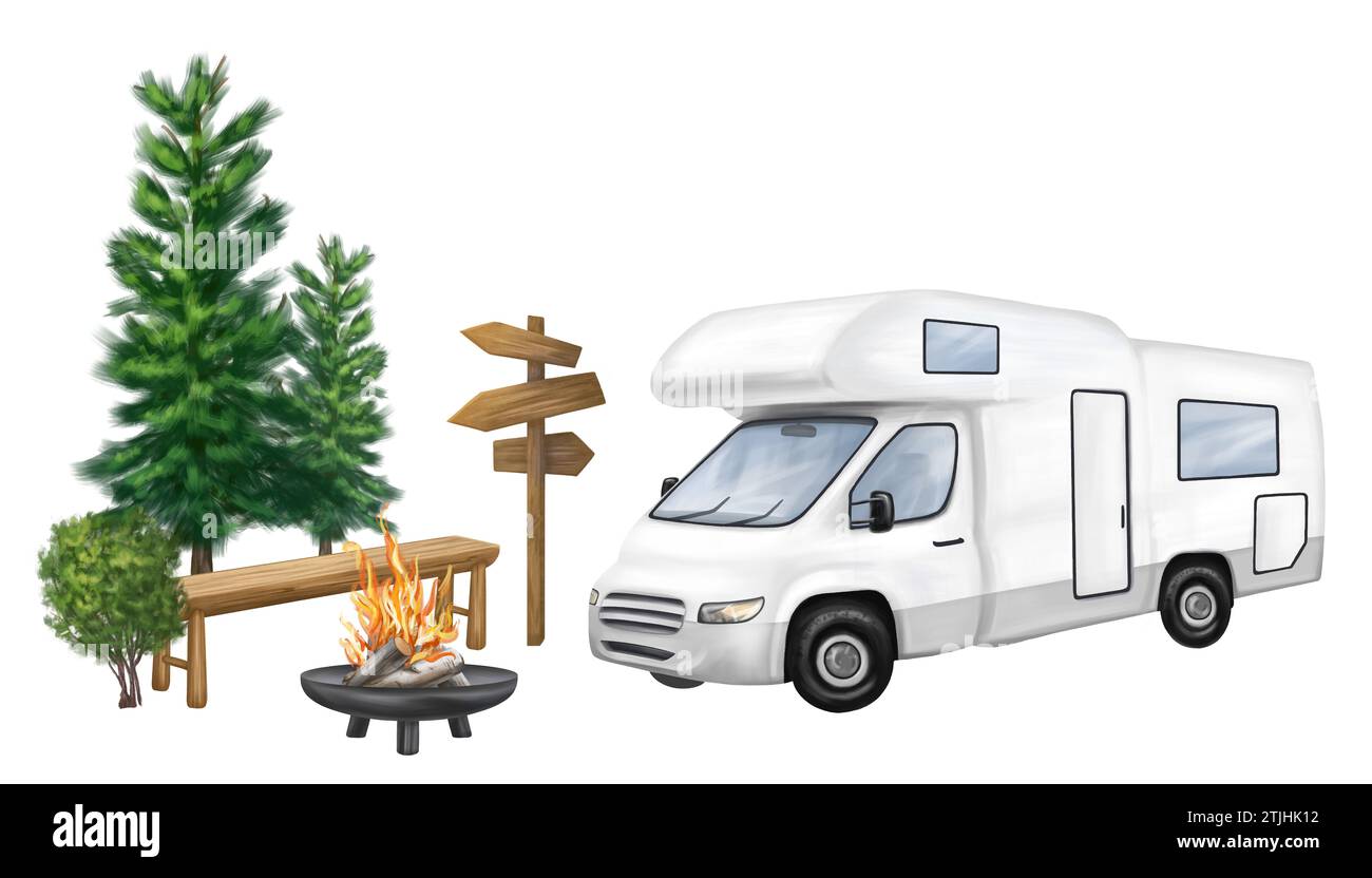 Traveling on a white motorhome. Camping in a mobile home, van, camper ...