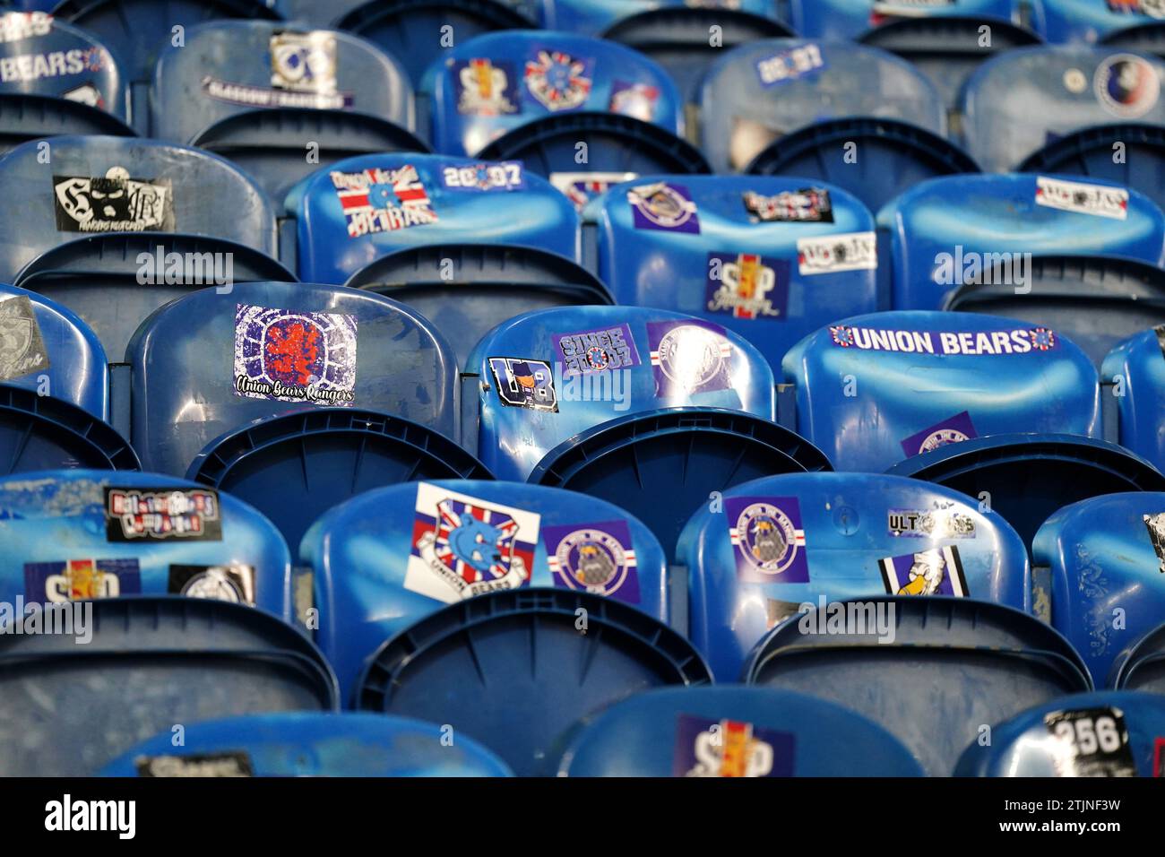Stickers attached seats in the stands prior to the cinch Premiership ...