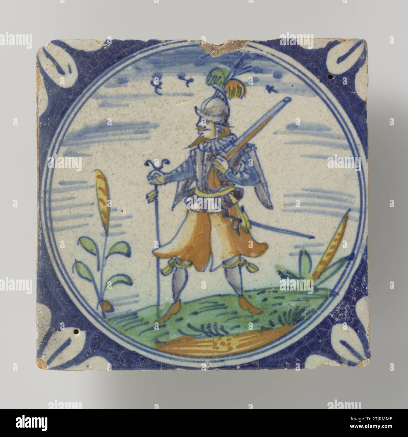 Tile, multi -colored painted with a soldier or a standard bearer, 1625 ...