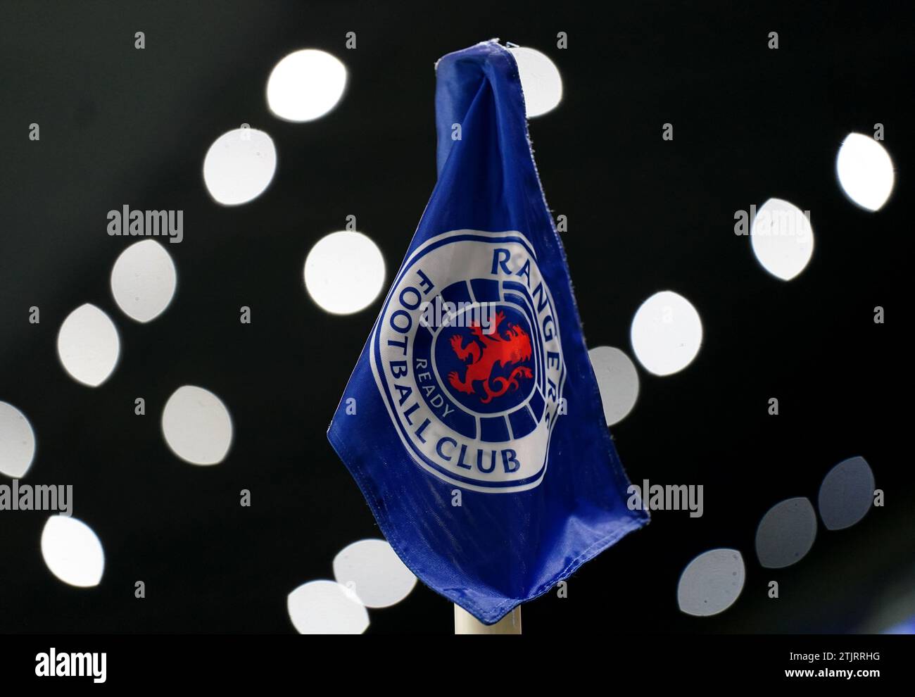 A general view of a Rangers branded corner flag at the Ibrox Stadium ...
