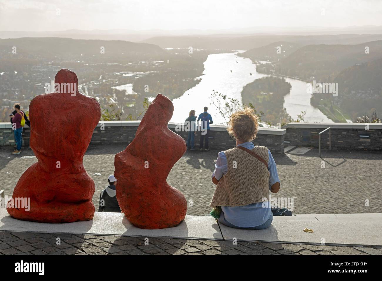 Sculptures, plateau, people, view of River Rhine, Dragon´s Rock ...