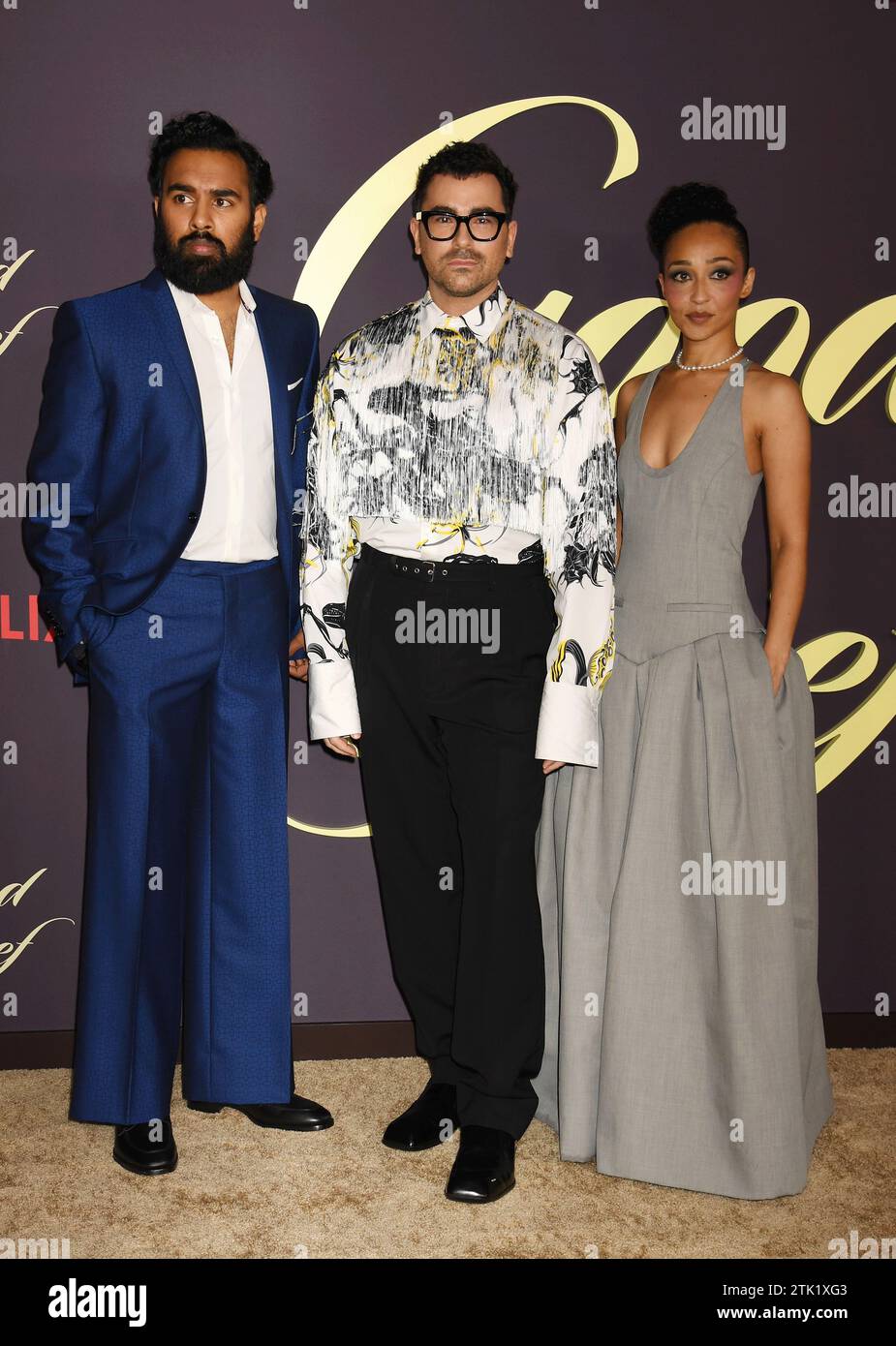 LOS ANGELES, CALIFORNIA - DECEMBER 19: (L-R) Himesh Patel, Dan Levy and ...